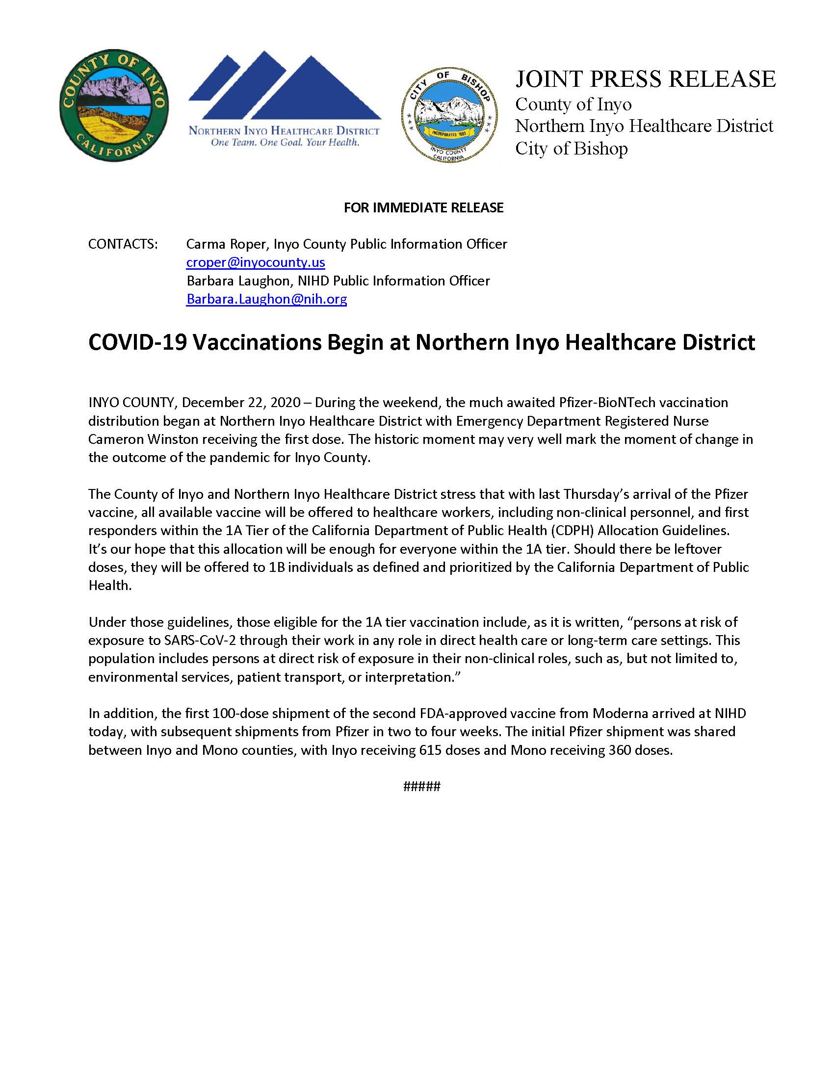 December 22nd Press Release: COVID-19 Vaccinations Begin at Northern ...